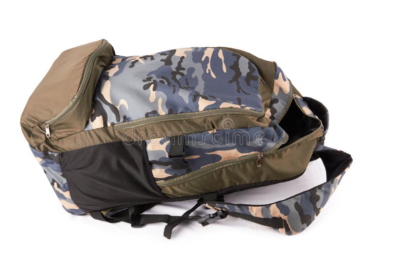 Camouflage Backpack on White Stock Photo - Image of unmanned, white ...