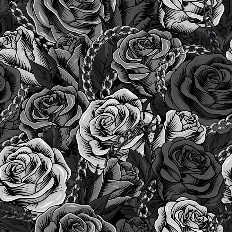 Camouflage Gray Pattern with Lush Blooming Roses, Gray Leaves, Chains ...