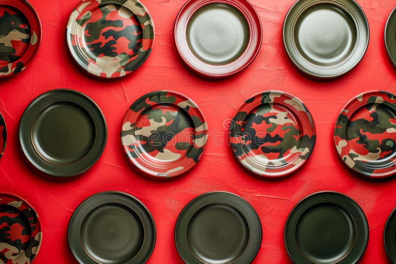Camouflage Pattern Plates Assortment on Red Background Military Concept ...