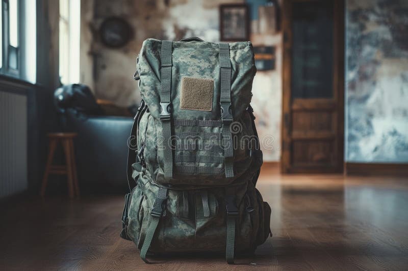 Camouflage Patterned Tactical Backpack Standing on the Floor in an ...