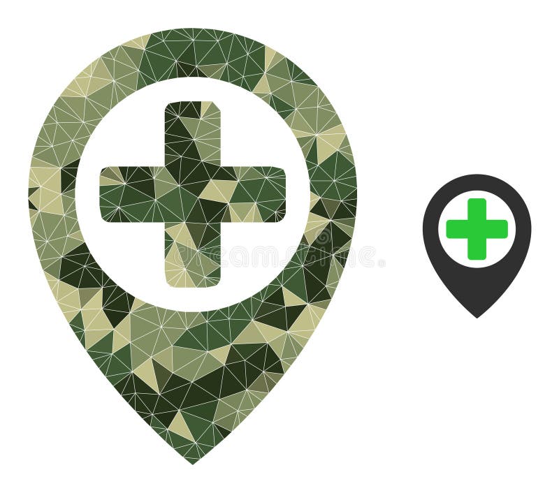 Polygonal Mosaic Hospital Map Pointer Icon in Khaki Military Color Hues ...