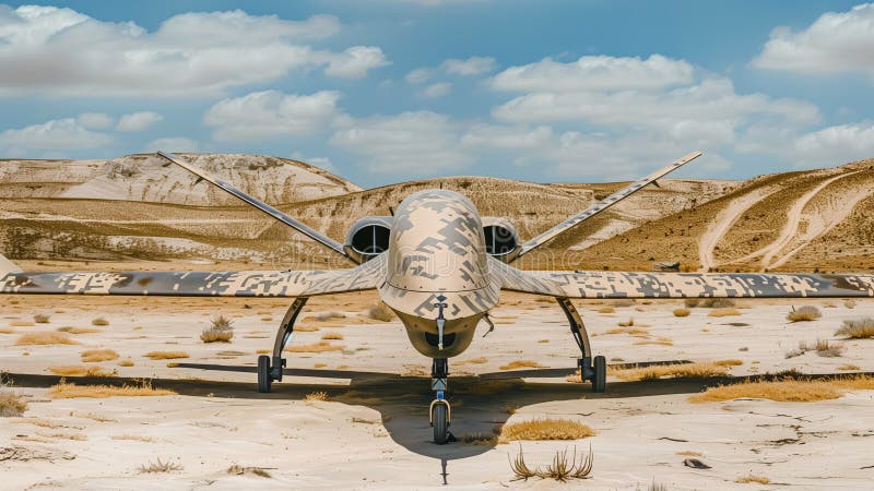 Camouflaged Drone on Desert Airstrip Under Blue Sky Stock Photo - Image ...