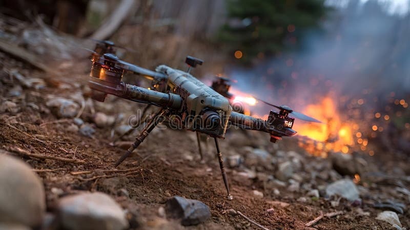 Camouflaged Drone Monitoring Wildfire Burning Forest Stock Photo ...