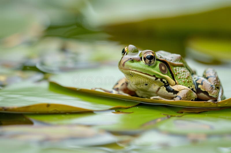 Camouflaged Frog on a Green Lily Pad with Eyes Wide Stock Photo - Image ...