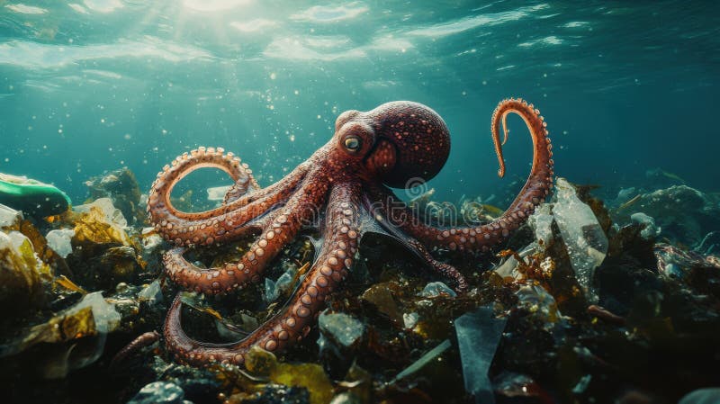 Camouflaged Octopus on Ocean Floor with Microplastic Pollution Stock ...