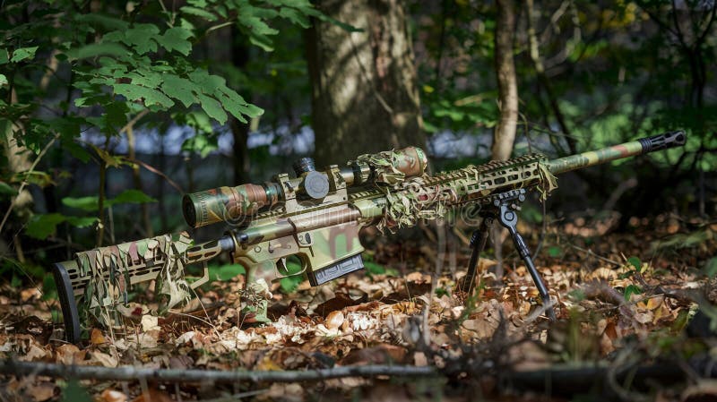 Camouflaged Sniper Rifle on Forest Floor with Bipod Stock Illustration ...