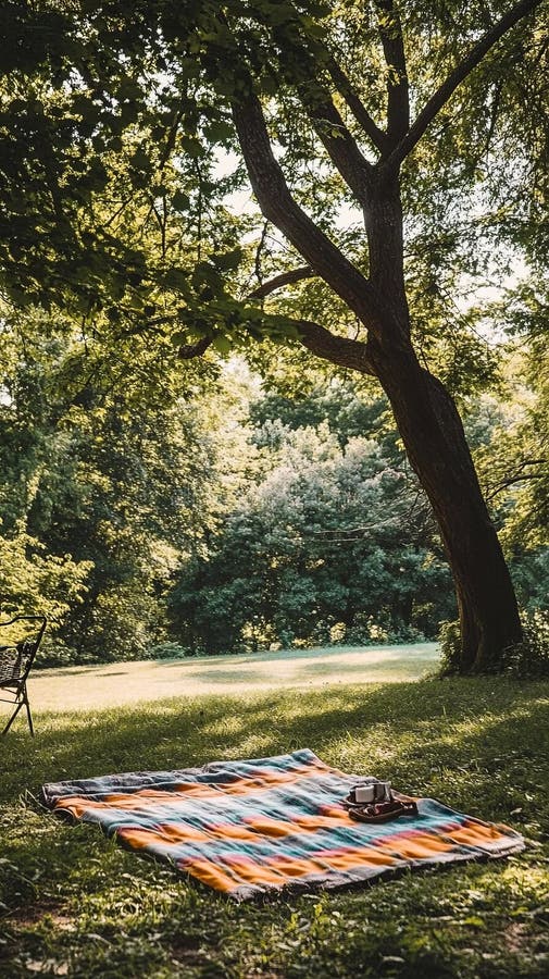 Camp Blanket Spread on Grass Under Trees. Stock Photo - Image of ...