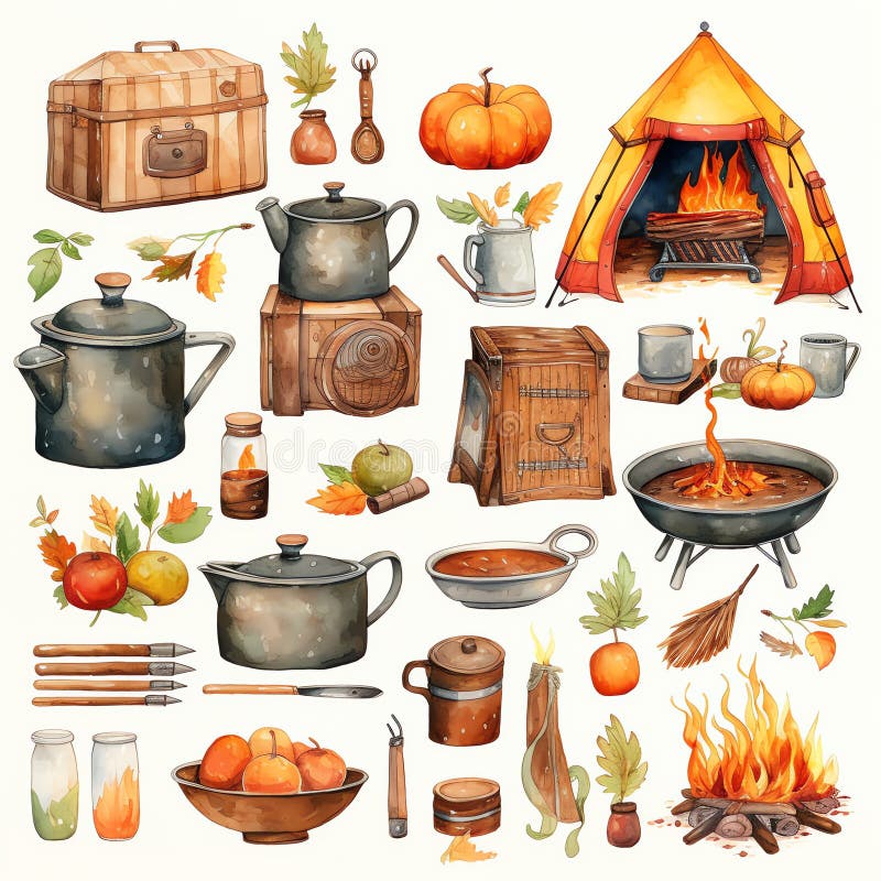 Camp Cookware Autumn Fall Watercolor Illustration Stock Illustration ...
