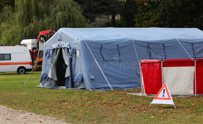 Camp Equipped with a Tent and Warning Signs Stock Photo - Image of ...
