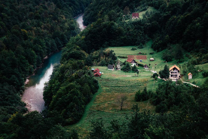 Camp Farm in Forest Near River and Mountains Stock Image - Image of ...
