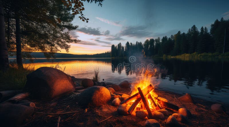 Camp Fire with Beautiful Canadian Nature Landscape. Generative AI Stock ...