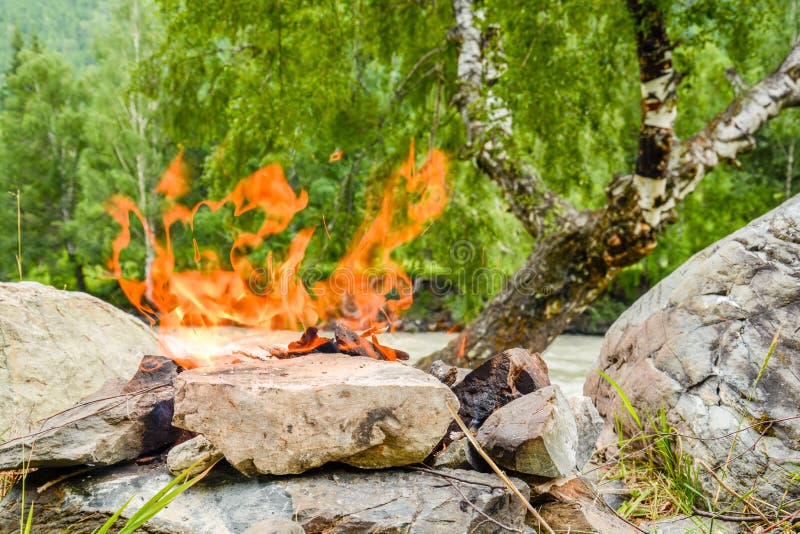 Camp Fire. Bonfire Diluted in the Rocks Against the Background of the ...