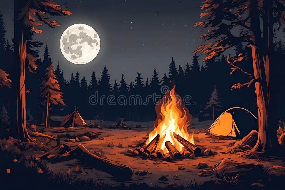 Camp Fire or Bonfire in the Moonlight. Stock Illustration ...