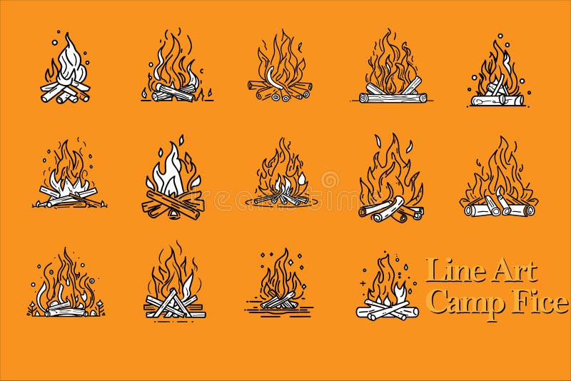 Camp Fire Line Art Collection Illustration, Editable Stock Vector ...