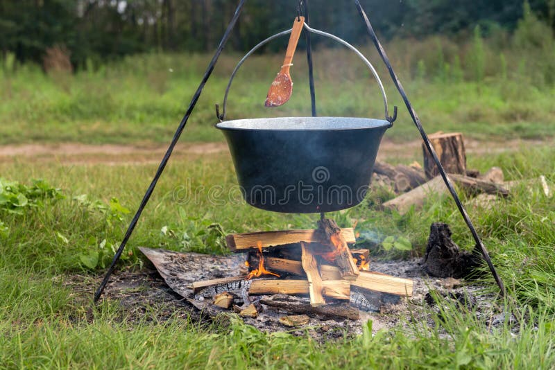 Camp Fire Outdoors Burning with Pot Stock Photo - Image of campsite ...