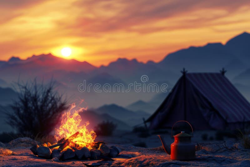 Camp Fire and Tea Pot with Tent and Mountains in the Background ...