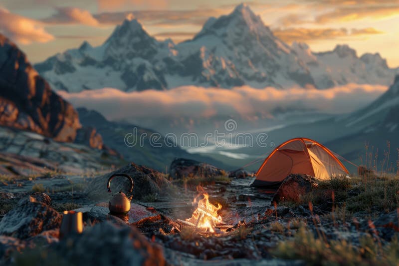 Camp Fire and Tea Pot with Tent and Mountains in the Background ...