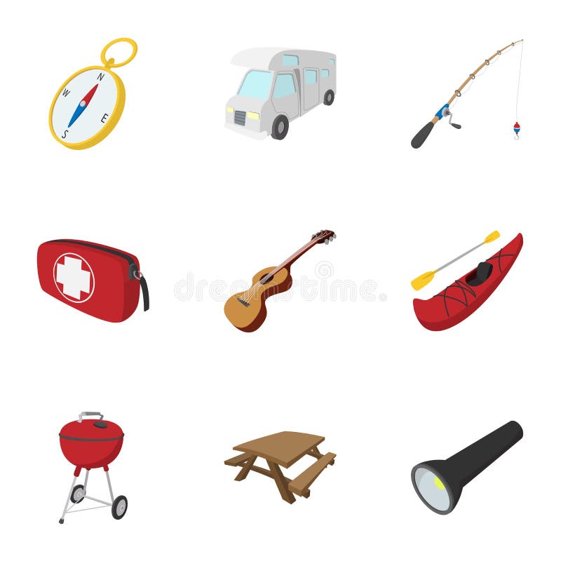 Camp Icons Set, Cartoon Style Stock Vector - Illustration of adventure ...