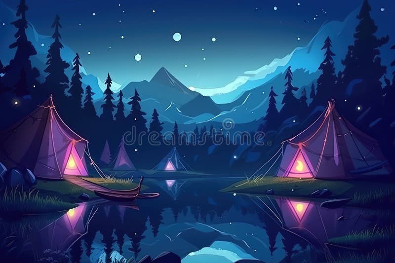 Camp at Night Under Sky, Romantic River Landscape. Generative AI Stock ...