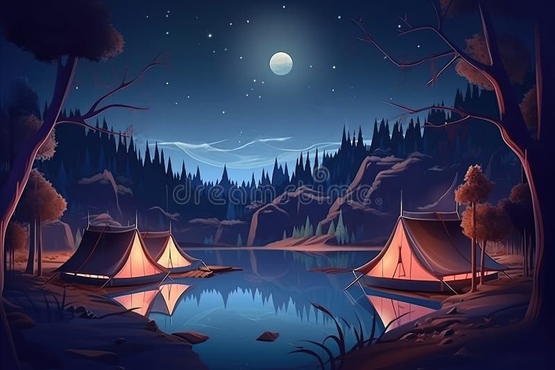 Camp at Night Under Sky, Romantic River Landscape. Generative AI Stock ...