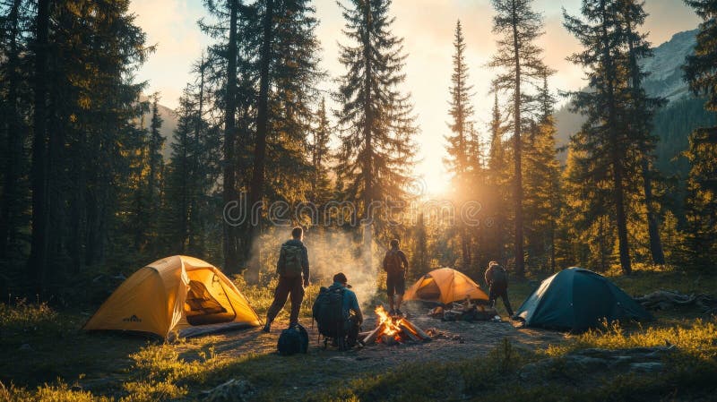 Camp Setting with Explorers in a Forested Area Stock Image - Image of ...