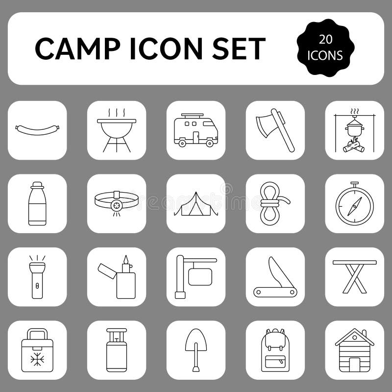 20 Camp Symbols or Icon Set in Linear Style Stock Illustration ...