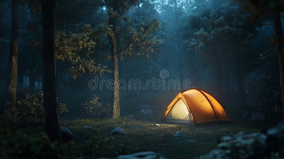 Camp Tent in Forest, Realistic, Cinematic Light, Sharp Focus. Stock ...