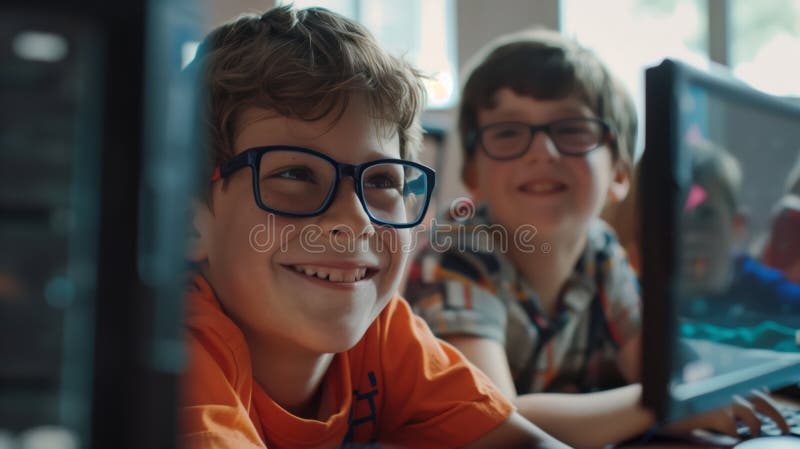 It Camp for Young Programmers. Two Little Boys with Glasses are Sitting ...