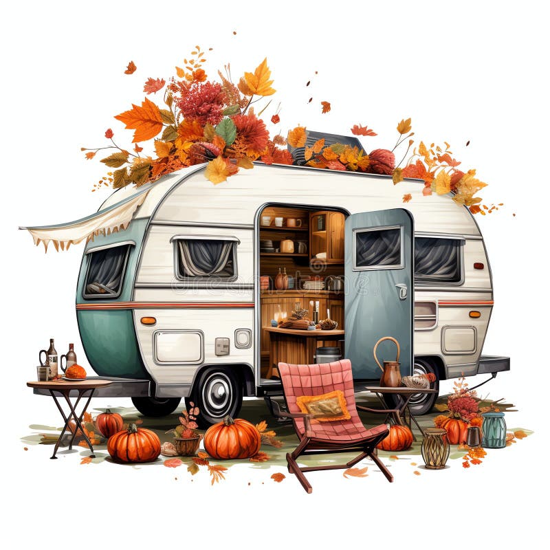Camper Autumn Fall Watercolor Illustration Stock Illustration ...