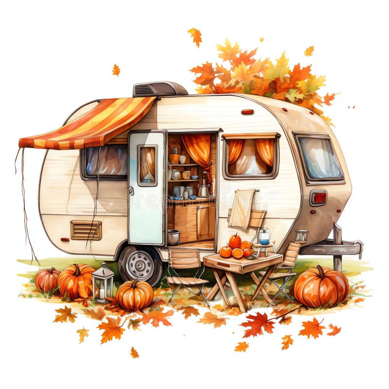 Camper Autumn Fall Watercolor Illustration Stock Illustration ...