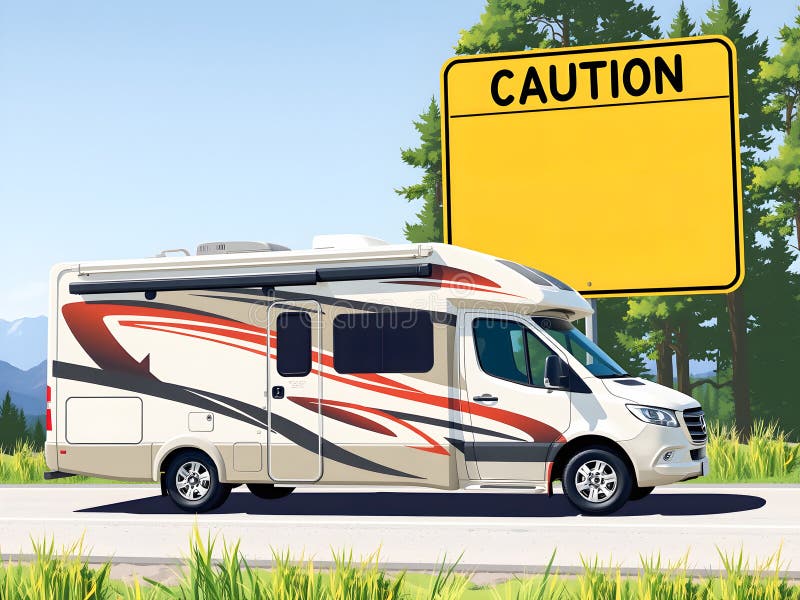 Camper Car on the Road with Sign Caution Stock Illustration ...