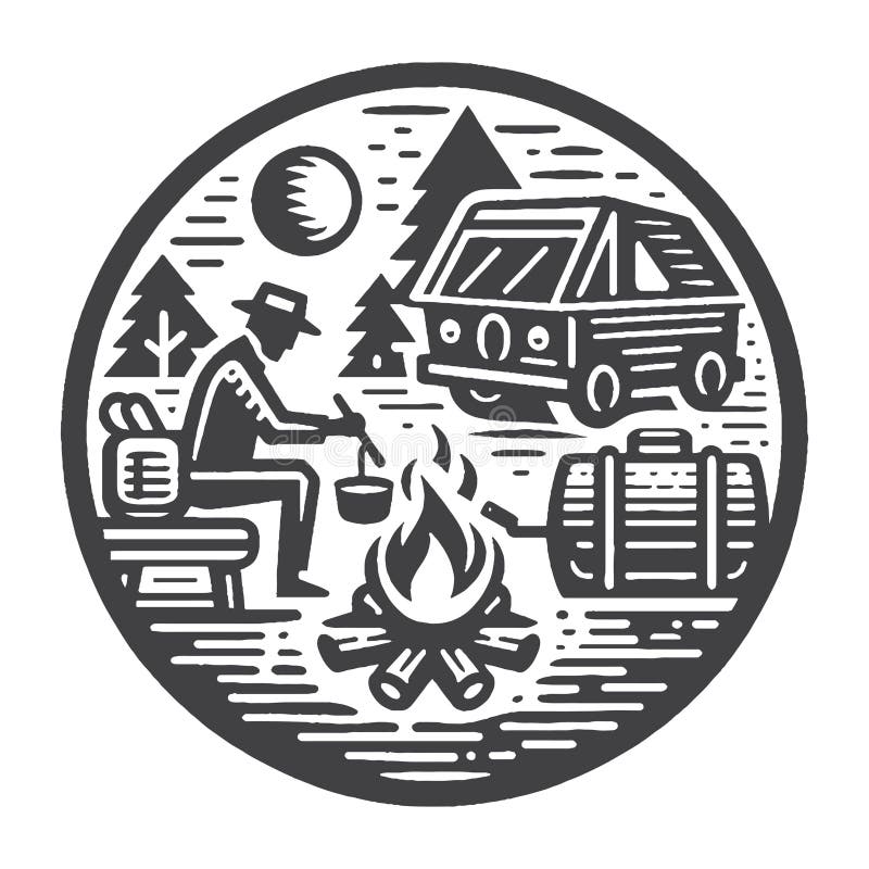 Camper Cooking Food Over Fire in Vintage Retro Vector Design. Stock ...