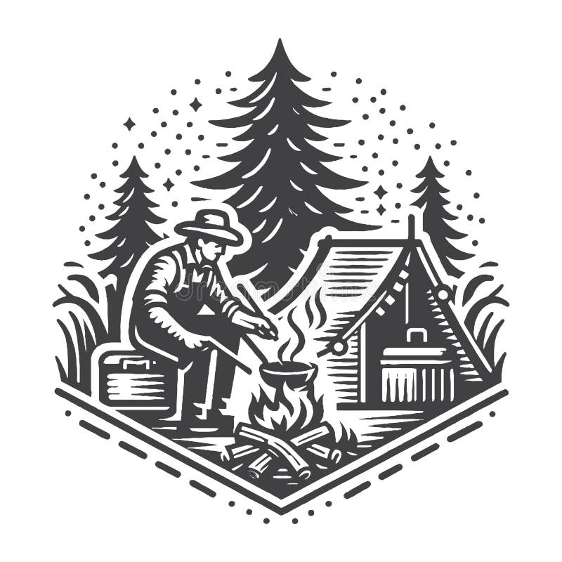 Camper Cooking Over Campfire Vintage Retro Vector Icon Logo Design ...