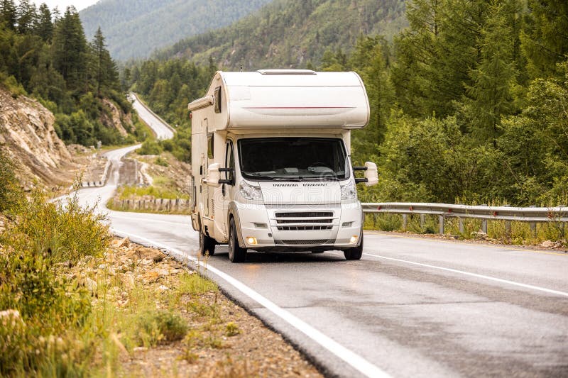 Camper on a Mountain Road in Summer Stock Photo - Image of nomadic ...