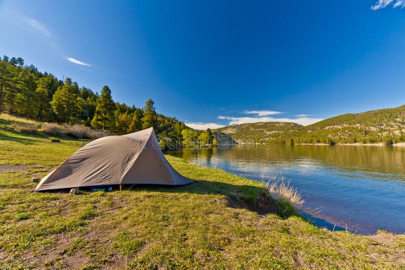 Camper S Tent on a Mountain Lake Stock Image - Image of outdoor, water ...