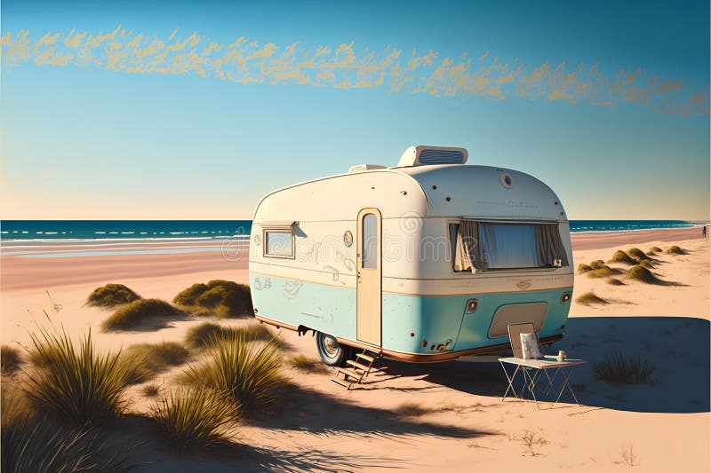 Camper Trailer on the Beach. Vector Illustration in Retro Style Stock ...
