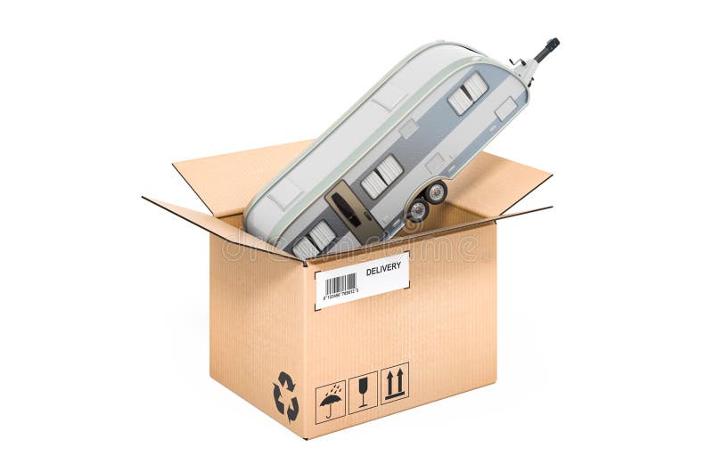 Camper Trailer Inside Cardboard Box, Delivery Concept. 3D Rendering ...