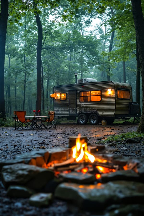 A Camper Trailer Parked Next To a Campfire in the Woods Stock Image ...