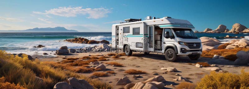 Camper Van on the Beach or Ocean. Generative AI Stock Illustration ...
