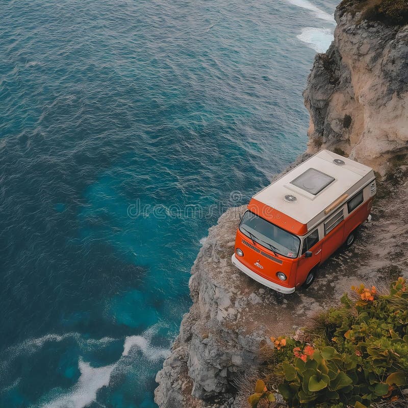 Camper Van on a Cliff with Ocean View Stock Illustration - Illustration ...
