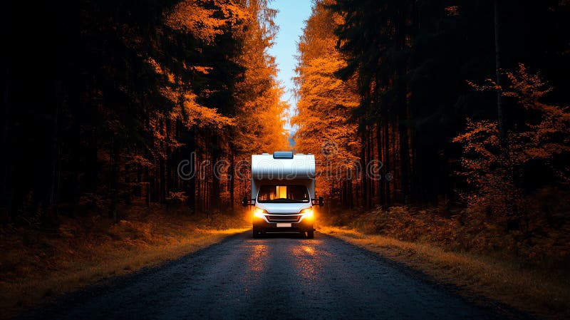 A Camper Van Driving Down a Scenic, Tree-lined Road in Autumn Colors ...