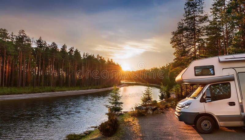 A Camper Van Exploring a Tranquil Pine Tree Forest beside a Flowing ...