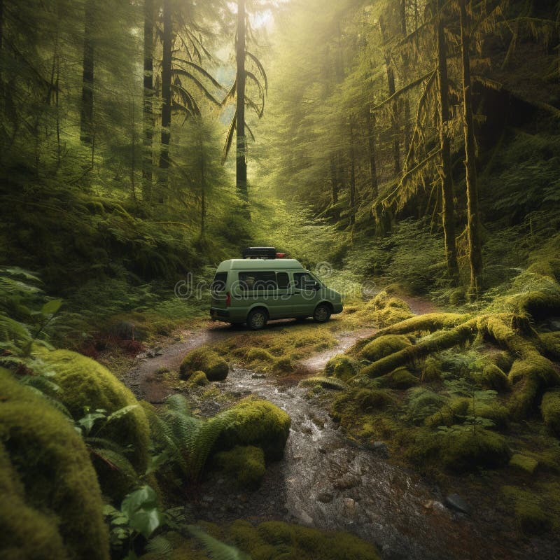 Camper Van in a Forest Clearing Stock Illustration - Illustration of ...