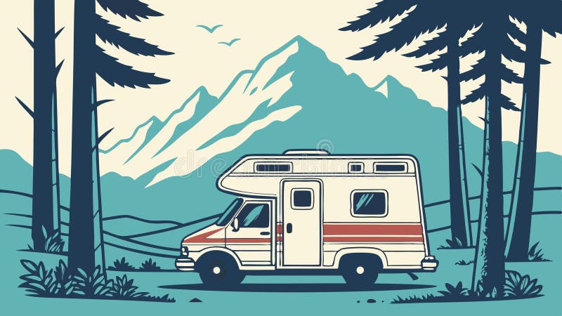 Camper Van in Forest Mountains, Bold Outlines, Adventure. Vector Design ...