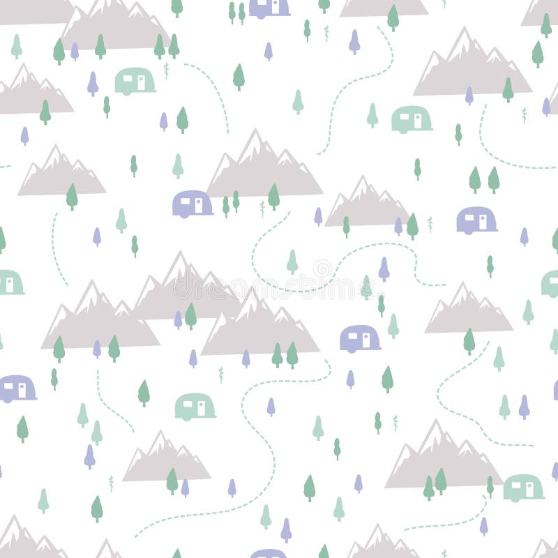 Camper Van and Mountain Adventure Vector Illustration Seamless Pattern ...