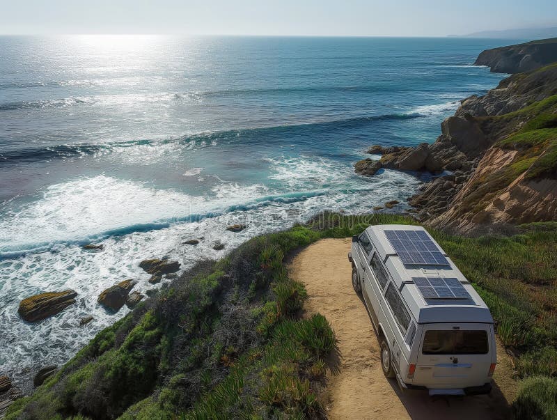 Camper Van Overlooking Ocean Cliff Stock Image - Image of solar ...