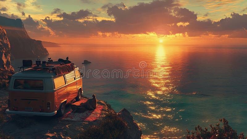 A Camper Van Parked on a Cliff Edge Overlooking the Ocean during Stock ...