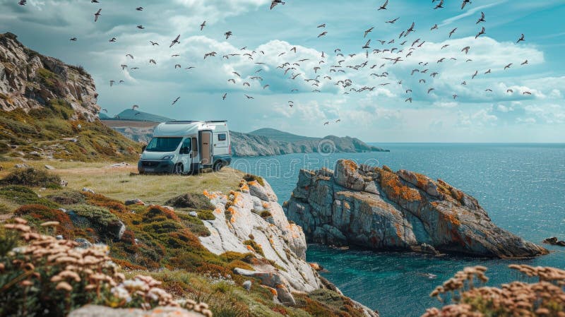 Camper Van Parked on a Cliff Overlooking the Ocean with Birds Flying ...