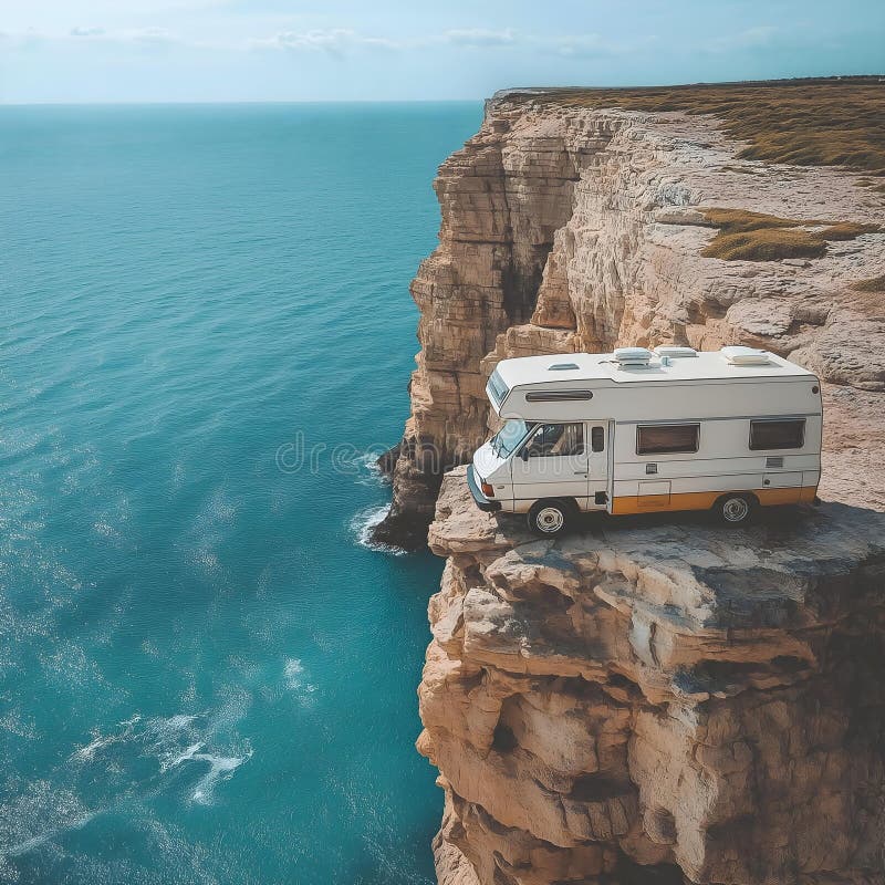 Camper Van Parked on Cliffs Overlooking Ocean Stock Illustration ...