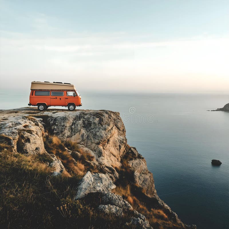 Camper Van Parked on Cliffs Overlooking Ocean Stock Illustration ...